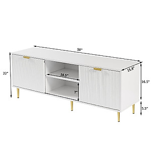 Okvnbjk TV Stand for 65+ Inch TV, Modern Living Room Entertainment Center with Storage Cabinets, Waveform Panel Wood Media Console with Ajustable Shelves & Cable Management for Bedroom, White