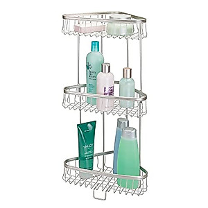 mDesign Metal 3-Tier Bathroom Corner Shower Shelf - Free Standing Vertical Unit Storage Shelves - for Organizing Soaps, Shampoos, Conditioner, Fash Face, Body Scrubs, Body Washes - 3 Baskets - Satin