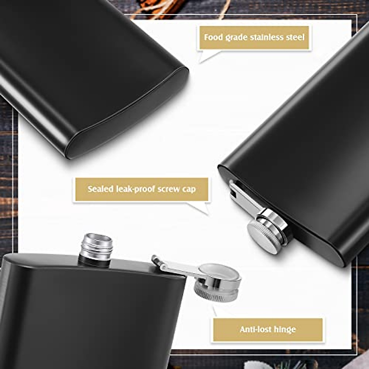 16 Packs Hip Flask for Liquor Matte Black 8 oz Stainless Steel Hip Flask Leakproof Flask Set with 16 Funnel and Shot Cups for Men Women Drinking Cocktail Whiskey Wine Wedding Groomsman Party Supply