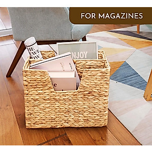 Chi An Home Wicker Magazine Basket, Water Hyacinth Basket for Files, Rattan Newspaper Rack Skinny Wicker Basket for Books & Files, Divided Hyacinth Basket With Handle (Medium)