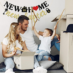 New Home New Chapter Banner, Pre-strung New Home Banner, Housewarming Party Decorations, Home Decor, Black & Gold Glitter