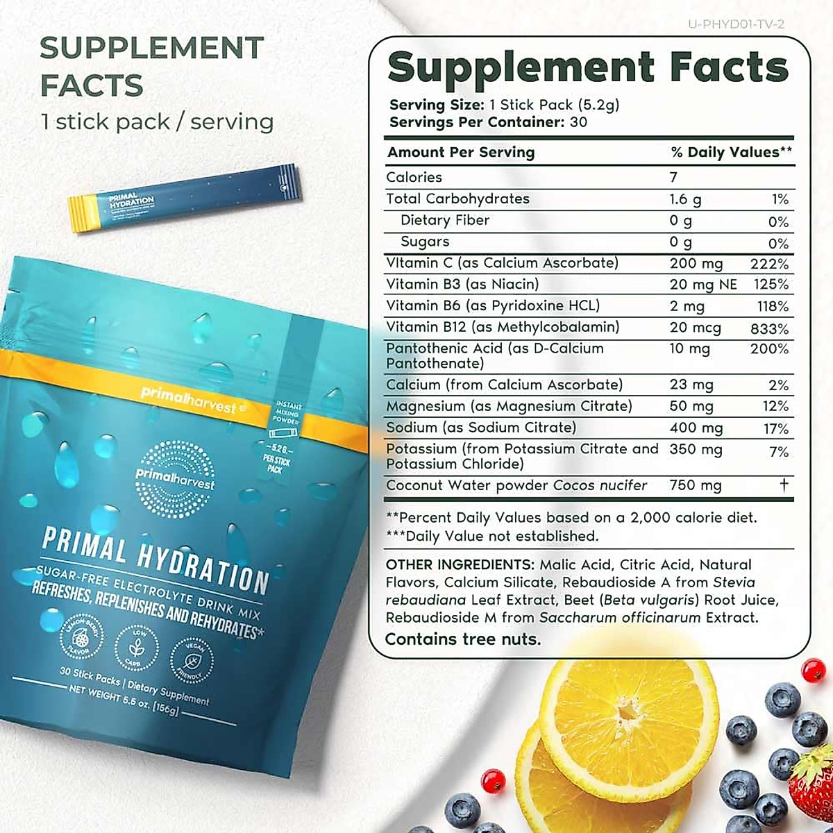 Primal Harvest Electrolytes Powder Packets Primal Hydration, Easy Open Packets, Energy Drink Mix (Lemon Berry, 30 Packs)