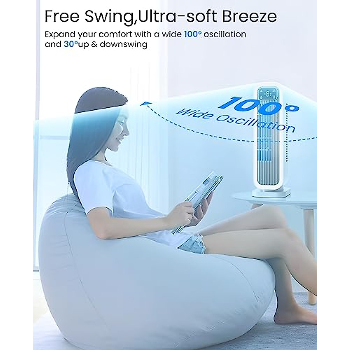 let'me Desk Fan, 14.6 Inch Oscillating Office Fan, 10000mAh Battery Operated Small Quiet Fan with 3 Speeds, 8H Timer and Night Light, Desk Tower Fan for Bedroom Office Home Desktop White