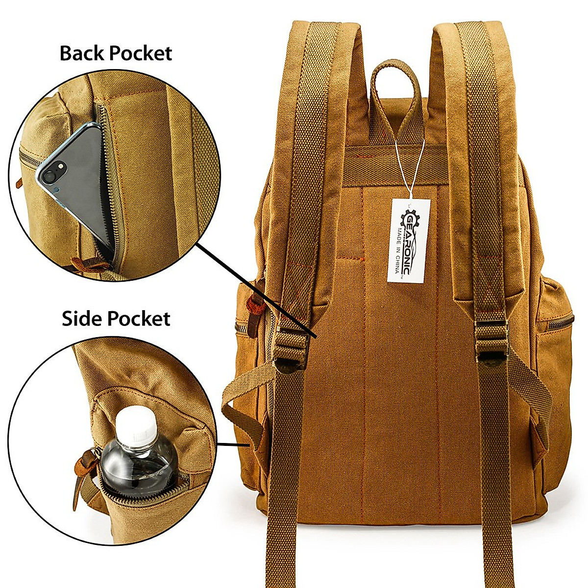 GEARONIC Vintage Canvas Backpack, Casual Daypack Backpacks for Men Women, 15inch Laptop Bag Travel Hiking Camping Rucksack - Khaki