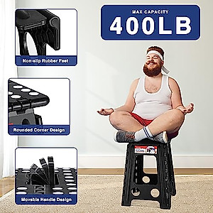 ACSTEP Folding Step Stool 17.5 Inch Stool Heavy Duty Plastic Foldable Step Stools for Adults and Kids, Stepping Stool with Handle, Folding Stool Suitable for Kitchen Hold Up to 400lbs (Black 1PC)