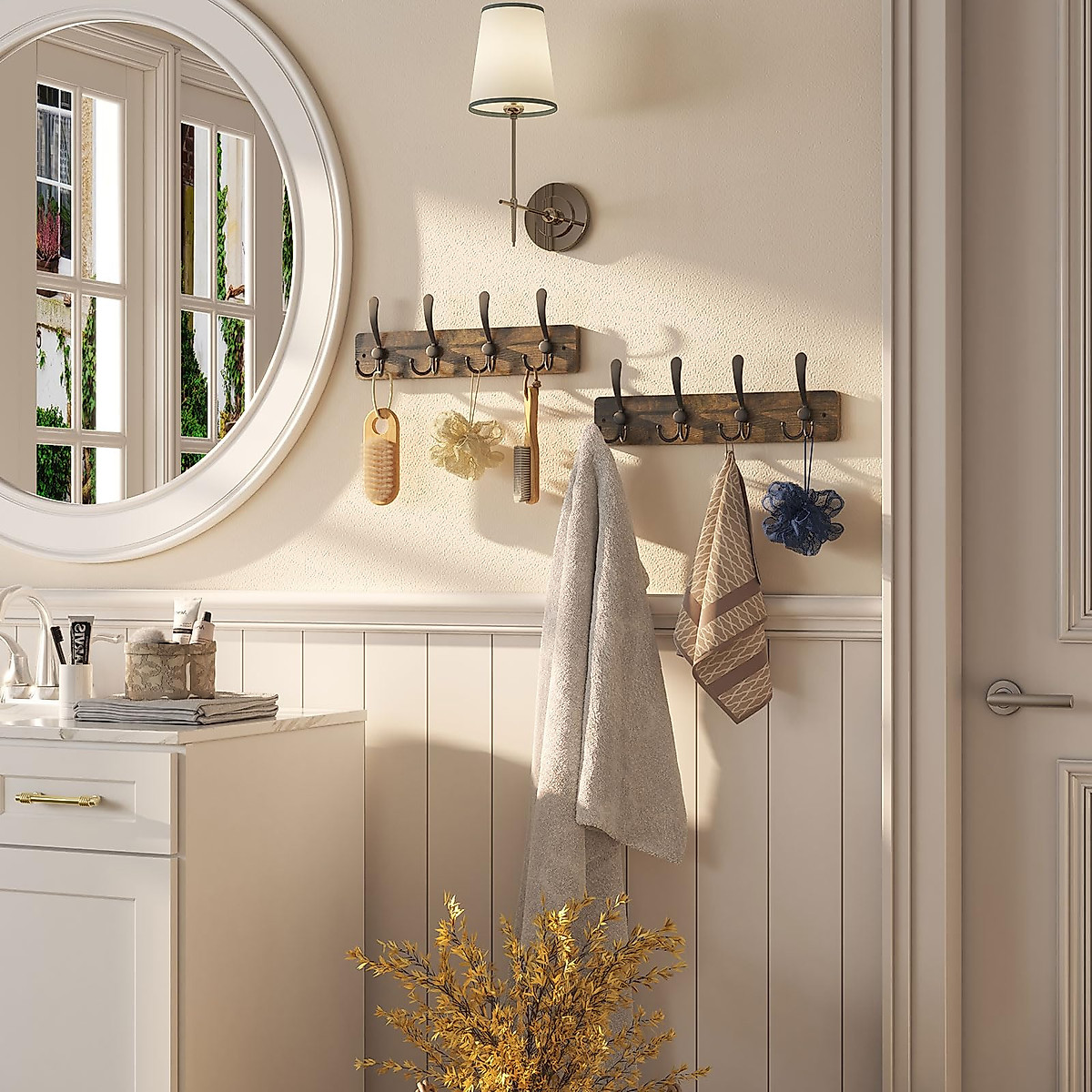 YMYNY Coat Rack Wall Mounted with 8 Hooks, 33.1" L Coat Hooks, 2 Pack Coat Hanger, Heavy Duty Wall Floating Rack, for Entryway, Kitchen, Bedroom, Bathroom, Rustic Brown UHWS005H-2