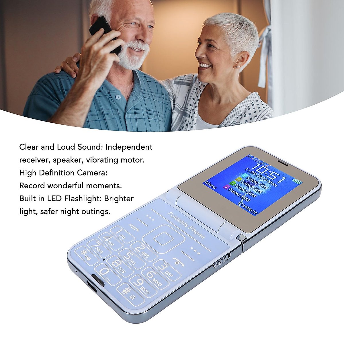 2.6in Senior Cellphone, Flip Phone with Dual Screen Display, Big Buttons and Digits, One Key Quick Dial, Clear and Sound, HD Camera, Built in LED Flashlight for Elderly (Blue)