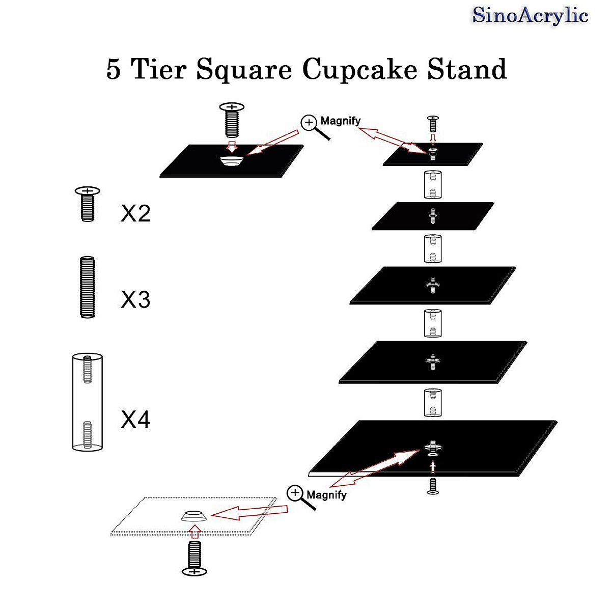 SinoAcrylic Cupcake Stand - 5 Tiers Square Cupcake Tower - Tiered Serving Dessert Cake Holder - Unique Black Exquisite Plate - Perfect for Wedding, Birthday, Party, Baby Shower and Christmas