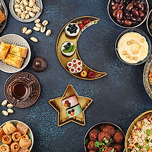Eid Star Dinner Plate Tray Fruit Plate Ramadan Decoration Ramadan Moon Serving Tray Muslim Food Tray Mubarak Metal Serving Dishes Islam Snack Display Holder for Ramadan Islam Party Decoration, Gold