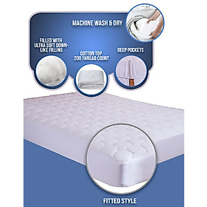 Full Mattress Pad Cover Deep Pockets Cotton Top, Down Alternative Fiber Fill Quilted and Fitted (Full Size - 54"x75")