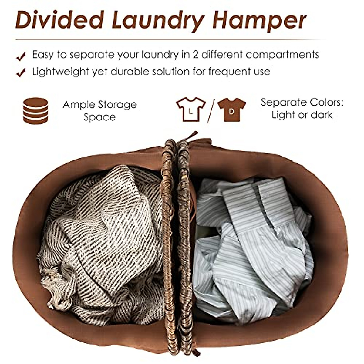 MAT EXPERT Rattan Laundry Hampers, Laundry Baskets with 2 Detachable Canvas Bags, Divided Laundry Hamper with Lids & Handles, Handwoven Oval Landry Bin, Clothes Hamper for Laundry Room/Bedroom (Brown)