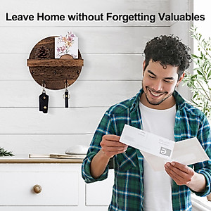 Lwenki Key Holder for Wall – Decorative Key Hook Shelf for Entryway Decor – 7.9 Inch Round Paulownia Wood Hey Hanger with 5 Metal Hooks Includes Mounting Hardware and Installation Guide