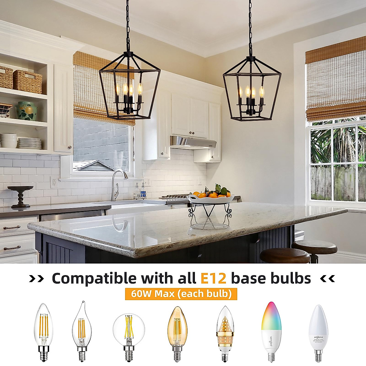 4 Light Chandelier, Industrial Ceiling Light Black Lantern Light Fixtures with Farmhouse Metal Cage Adjustable Height Rustic Geometric Hanging Light E12 Base for Kitchen Island, Entryway, Indoor