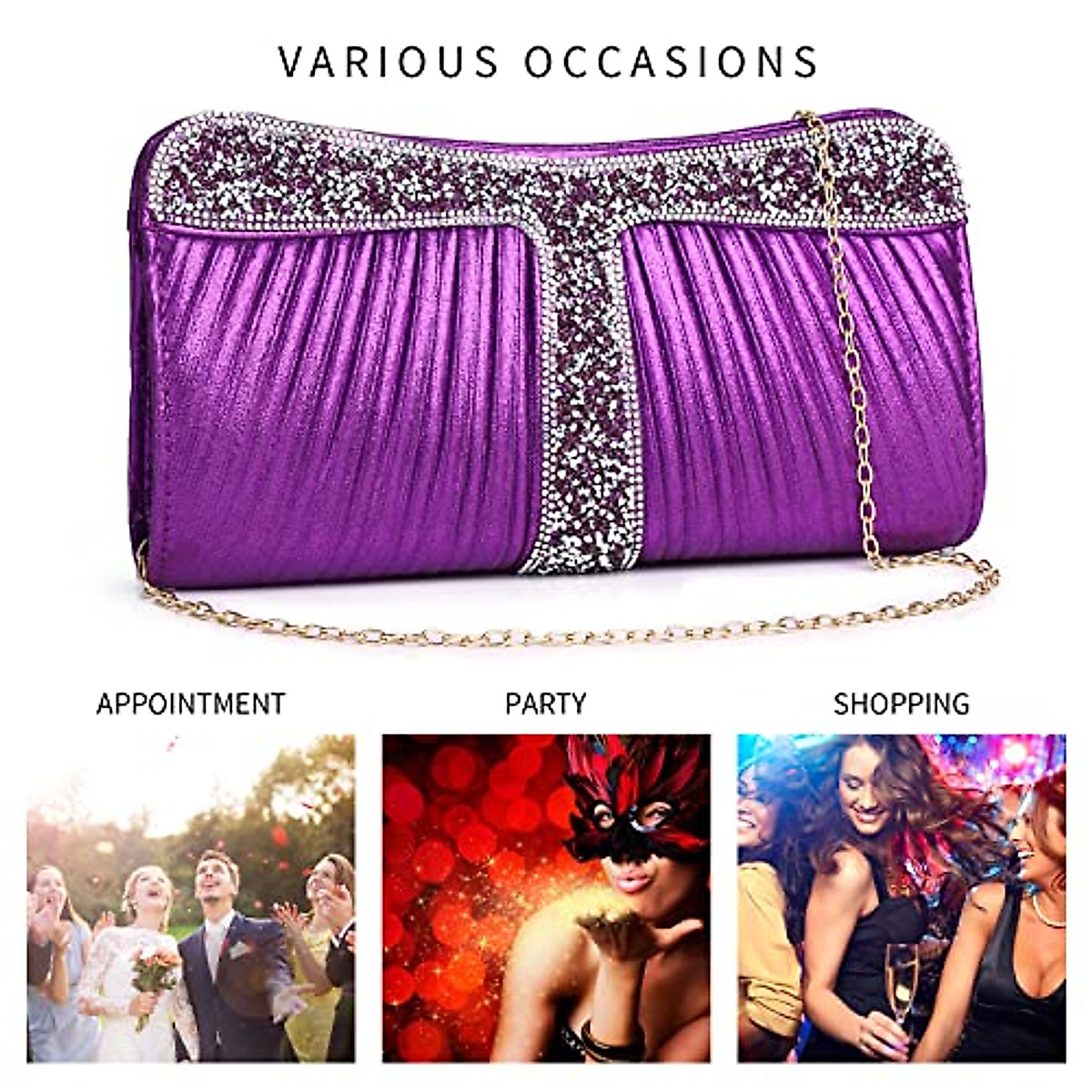 GESU Womens Clutch Purse Rhinestone Evening Bag Wedding Bridal Prom Purse Formal Party Handbag. (Purple)