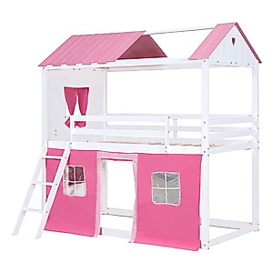 SOFTSEA Full Over Full Bunk Bed Frame, Floor Low Bunk Bed with Tent and Windows Sills, Wood Bunk Bed Frame with Slide Ladder and Guardrails, Full Size House Shaped Bunk Bed for Kids, Pink