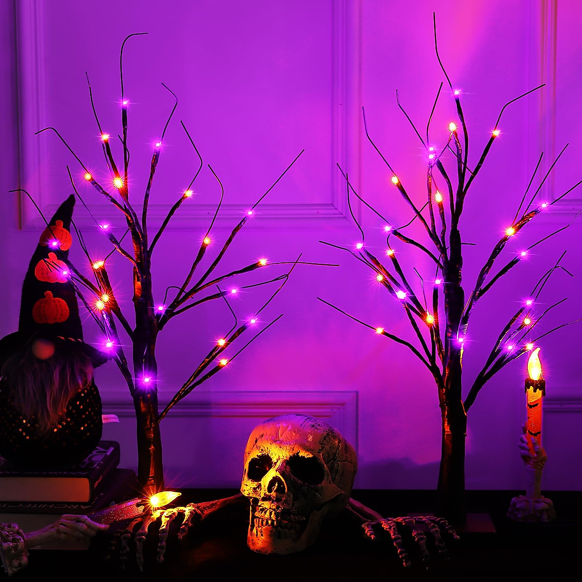 Efunly 2 Pack 24 Inch Halloween Black Spooky Tree with Orange & Purple Lights, USB&Battery Operated Tabletop Halloween Black Tree with Timer for Halloween Decorations Indoor Home Holiday Party