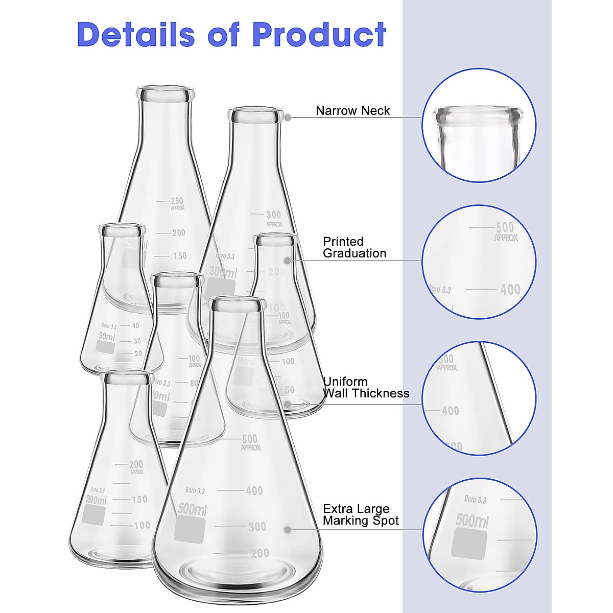 9 Pack Glass Erlenmeyer Flask Set with Glass Stirring Rod, 7 Sizes, 50ml, 100ml, 150ml, 200ml, 250ml, 300ml, 500ml, Borosilicate Glass Erlenmeyer Flasks with Printed Graduation for Lab Chemistry