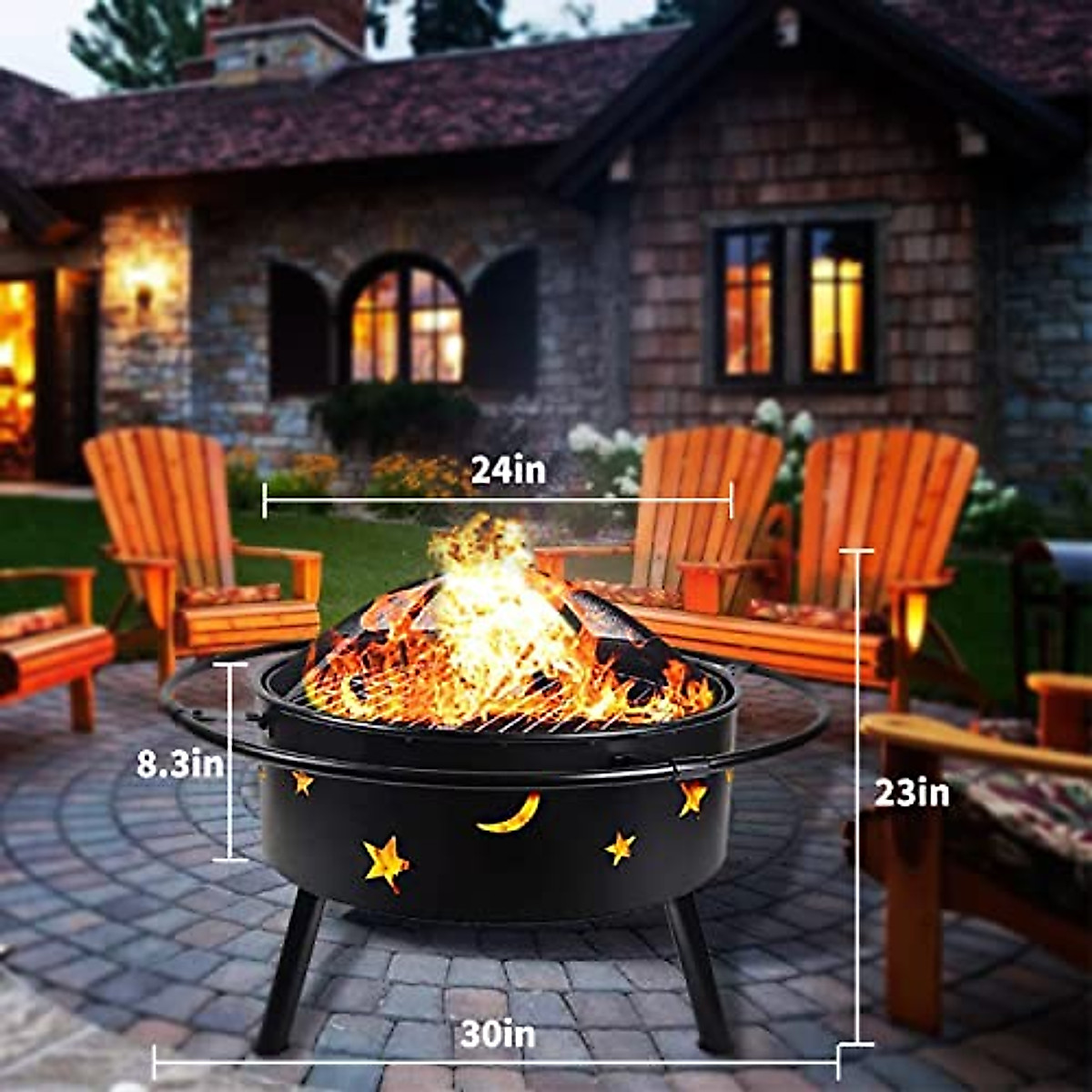 WASAKKY Fire Pits Wood Burning Grill - 30” Round Steel Deep Bowl Firepit - Backyard Cosmic，Stars and Moons Firepit 2-in-1 for Outside Patio Cooking Black