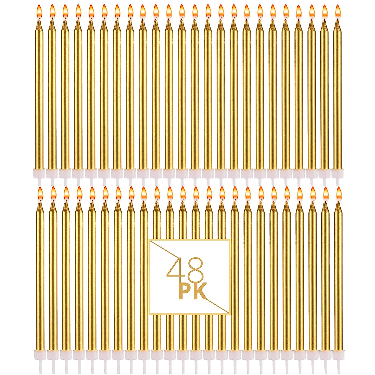 Bundaloo Gold Birthday Candles for Cake - Set of 48 Gold Candles for Birthday Cakes - with Plastic Holders, 5.5" Long, 0.20" Thickness