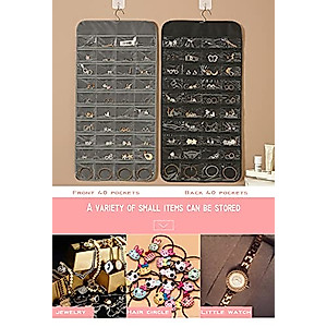 AARAINBOW Hanging Jewelry Organizer Dual-Sided Closet Accesoory Organizer with 80 Pockets Jewelry Hanger for Earrings, Necklaces, Rings on Closet, Wall, Door (Gray)