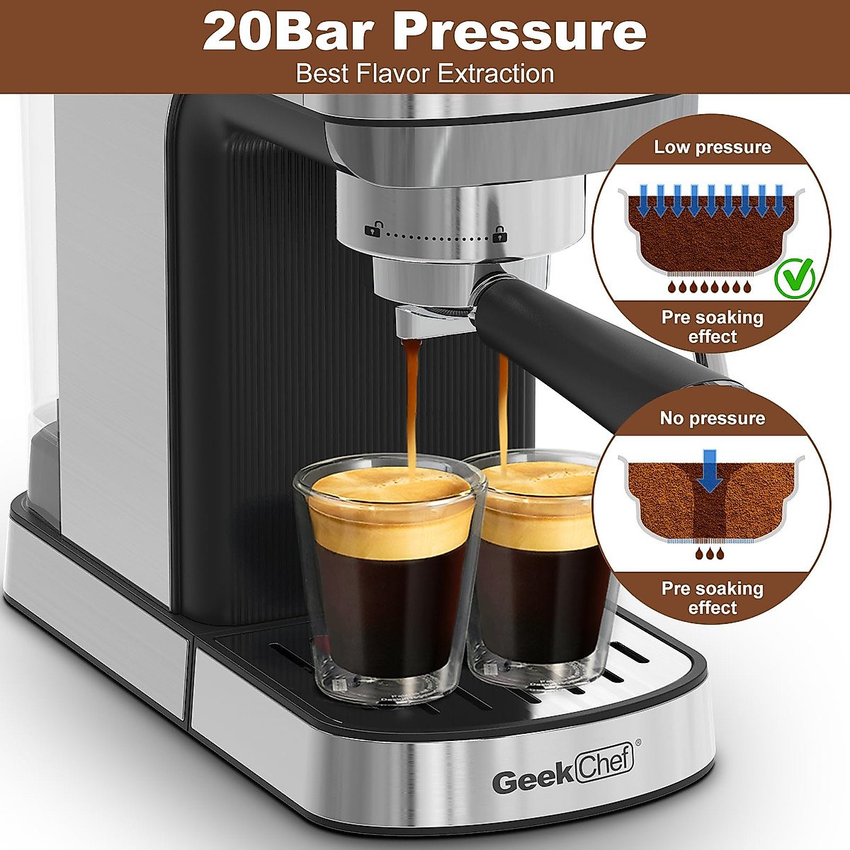 Geek Chef Espresso Machine, 20 Bar Coffee Machine, Fast Heating Automatic, Latte & Cappuccino Maker