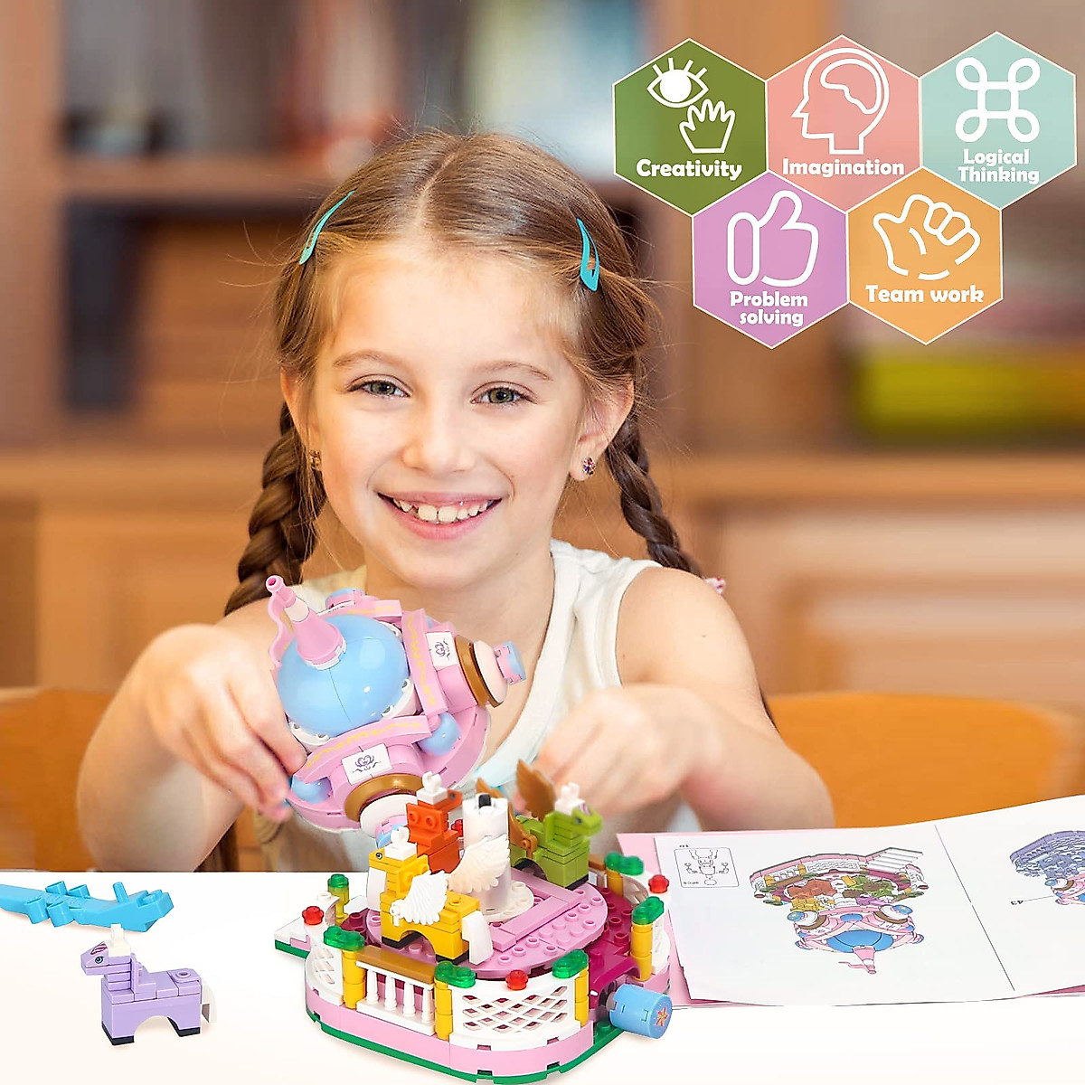 Finebely Dream Girls Fairground Carousel Toys Building Sets, Friends Amusement Park Rotating 4-Horse Carousel Building Kit, Merry Go Round Carousel Model Gift for Girls Kids 6-12, 430 PCS