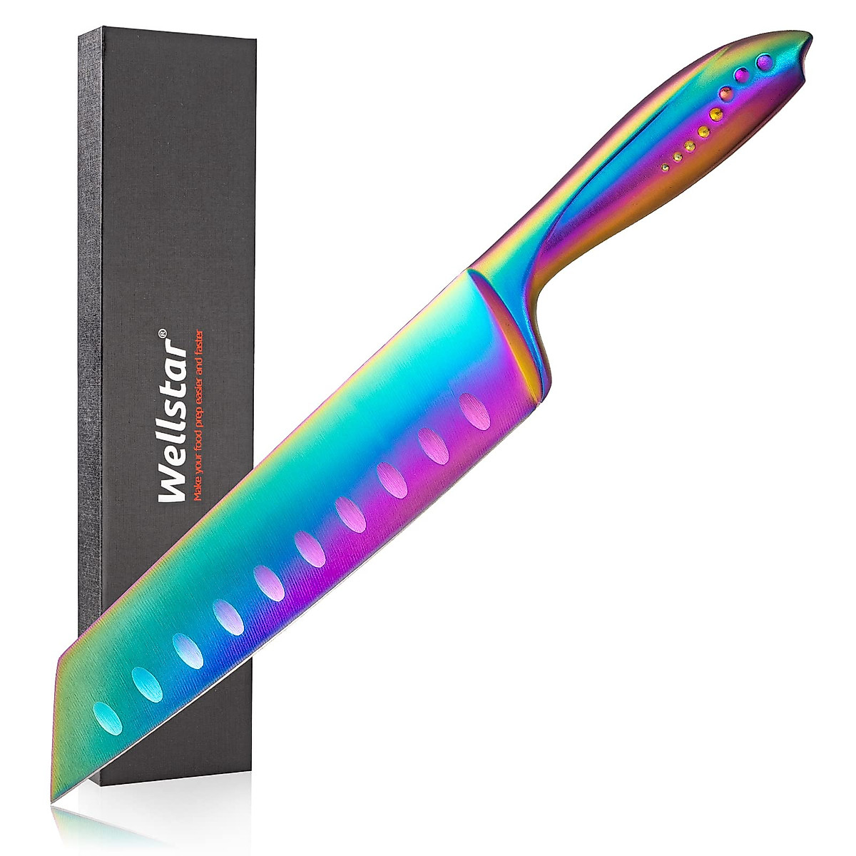 WELLSTAR Kiritsuke Chef Knife 8 Inch, Razor Sharp German Steel Blade and Comfortable Handle with Rainbow Titanium Coated for Kitchen Food Cutting Slicing Dicing, Asian Vegetable Meat Cooking Knife