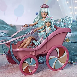 MGA Entertainment Dream Ella Candy Carriage and Unicorn, Pearlized White Unicorn Horse with Gold Glitter Horn, Bright Pink Mane, Pink Bridle, Reins, Saddle, Pink Carriage with Candy Glitter Railing