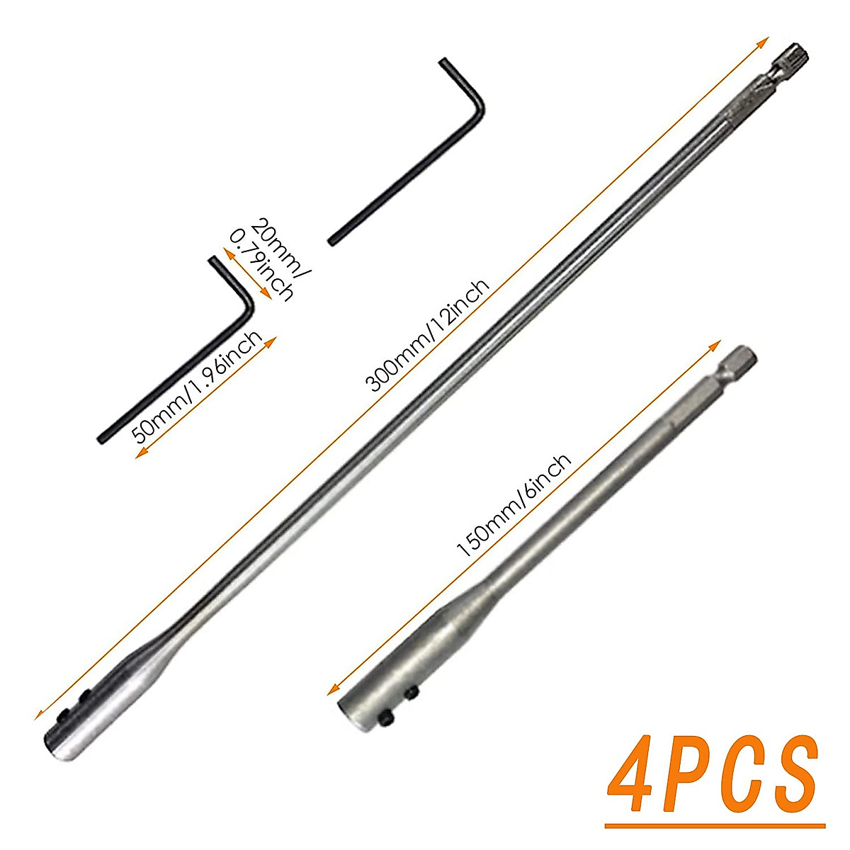 1/4 Drill Bit Extension Set 6" and 12" High-Carbon Steel Wood Spade Drill Bit Extender with 2 Pieces Key Spade Bit Extension Set for Wood Turners Furniture Carpentry and Construction(4PCS)
