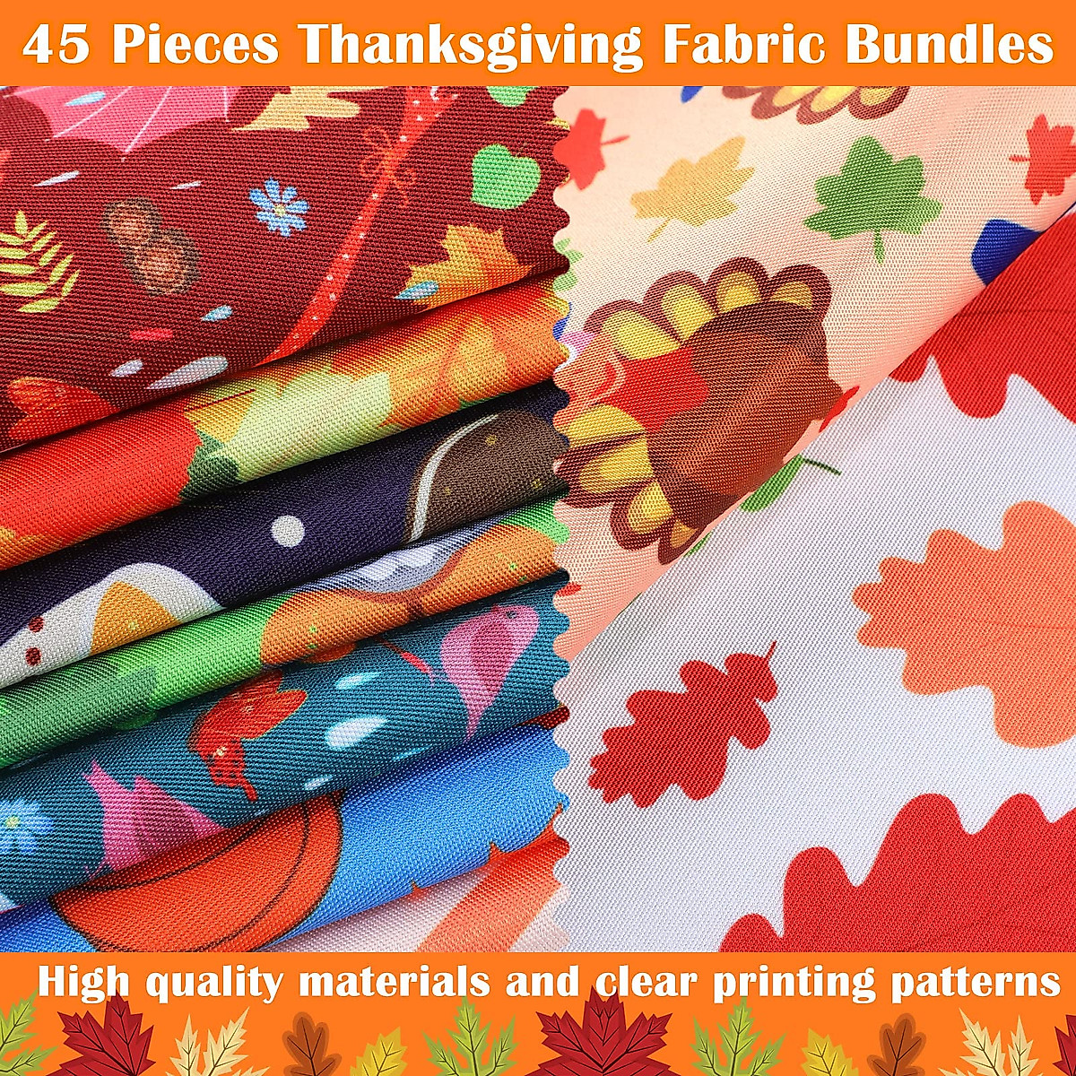 45 Pcs Thanksgiving Fabric Fall Assorted Fabric 9.8 x 9.8 Inch Squares Fat Quarter Quilting Cotton Fabric Pumpkin Maple Plaid Sunflower Fabric for DIY Sewing Craft Supply