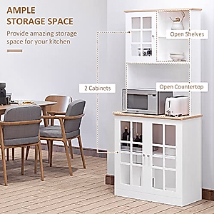 HOMCOM Kitchen Buffet with Hutch, Storage Pantry with 3 Cabinets, 2 Open Shelves and Large Countertop, White