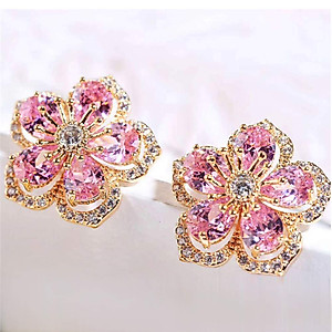DAMLENG Handmade Chic Boho Pink Rhinestone Flower Statement Stud Earrings with Gold Flower Bud for Women Sister Mom Lover and Friends (Pink)