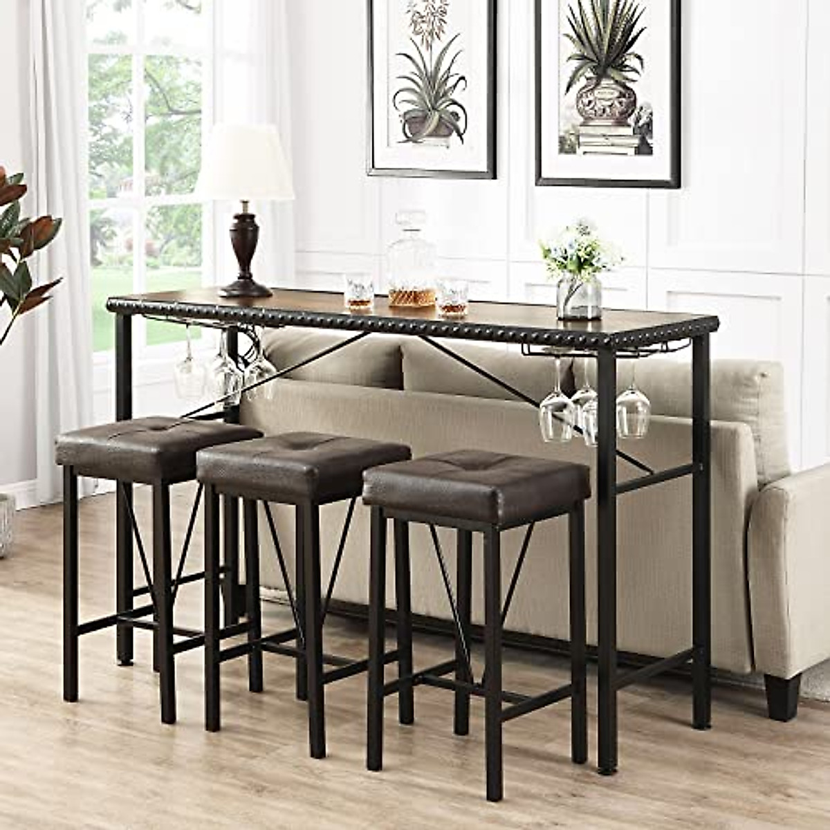 O&K FURNITURE Long Bar Table and Chairs Set, Counter Height Dining Table Set, Console Sofa Table with Stools, Pub Table and Chairs, Brown