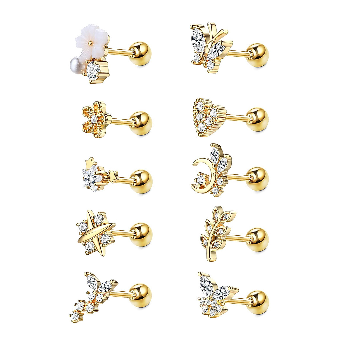 JOERICA 10Pcs Cartilage Earrings for Women 18G CZ Helix Tragus Piercing Jewelry 316L Stainless Steel Cute Butterfly Cartilage Stud Earrings Set
