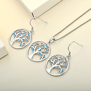 YL Tree of Life Necklace Sterling Silver Created Aquamarine Pendant Round Family Giving Jewelry