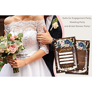 Rustic Wood Bridal Shower Invitations, Pink Floral Bridal Shower Party Invites Cards for Engagement Party, Wedding Party, Bridal Shower Party, Set of 25 Invitations & 25 Envelopes (A08)