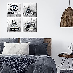 Meetdeceny Fashion Wall-Art For Bedroom Women - Black And White Bathroom Decor Wall Art - Fashion Book Stack Grey Painting Canvas Artwork Size 10"x10" 4 Pieces Ready To Hang