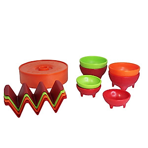 IMUSA 12 Piece Taco Fiesta Set, Kit Includes (1) 8" Tortilla Warmer, (3) Small Salsa Dishes, (4) Large Salsa Dishes (4) Taco Holder Stands