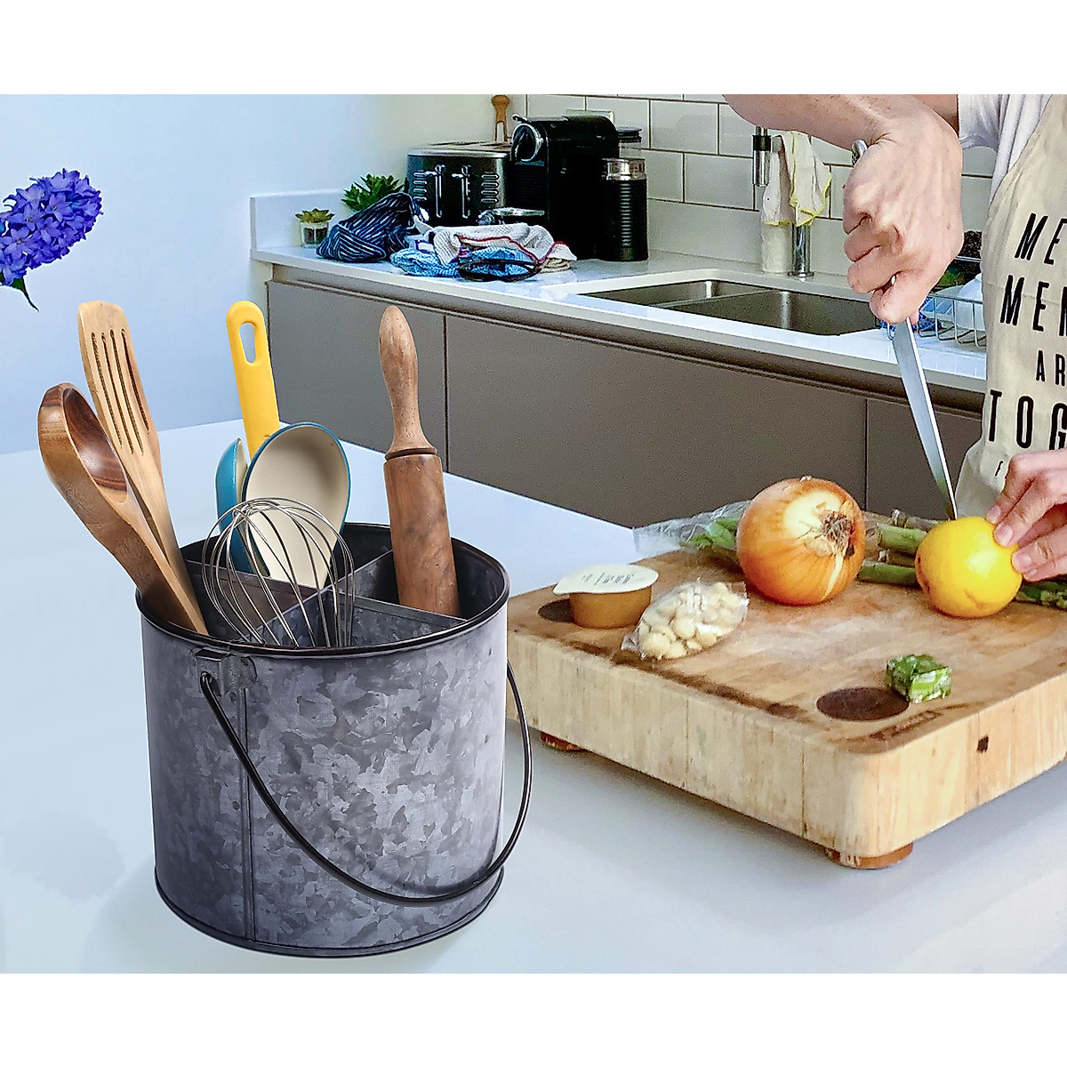 Galvanized Utensil Holder,Utensil Caddy,Galvanized Bucket,Silverware Caddy,Metal Caddy,Outdoor Utensil Caddy,Tin Utensil Holder,Utensil Caddy for Parties,Picnic Caddy,Farmhouse Utensil -Natural