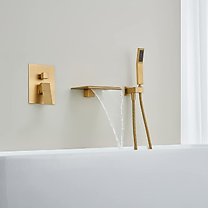 Wowkk Wall Mount Tub Filler Waterfall Tub Faucet Brushed Gold Bathtub Faucet Brass Single Handle Bathroom Faucet with Hand Shower