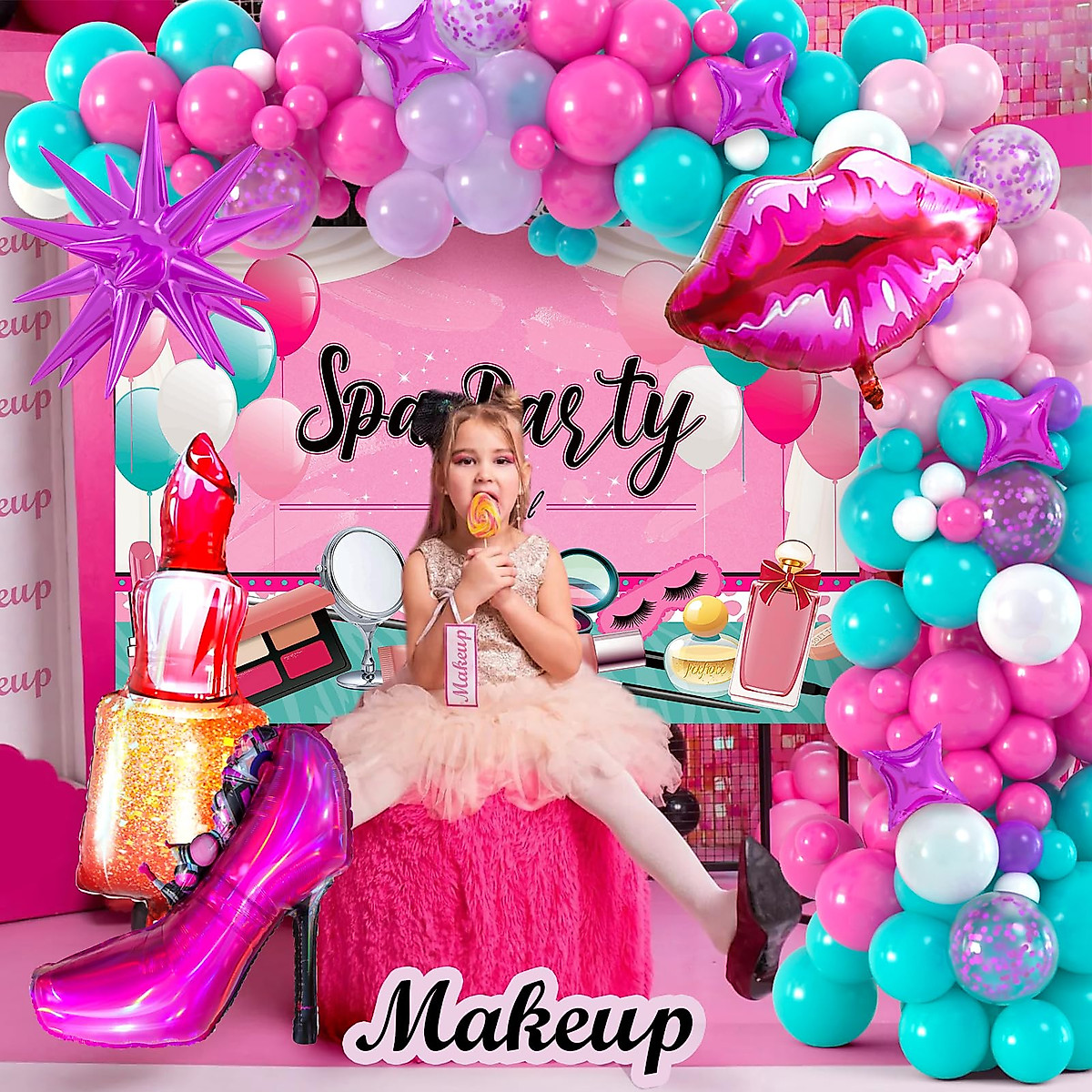 Keleno 127PCS Spa Party Supplies for Girls Makeup Birthday Decorations with Balloons Garland, Lipstick Kiss High Heels Foil Balloons, Backdrop, Tablecloth, Girls Women Slumber Pamper Spa Party Decor