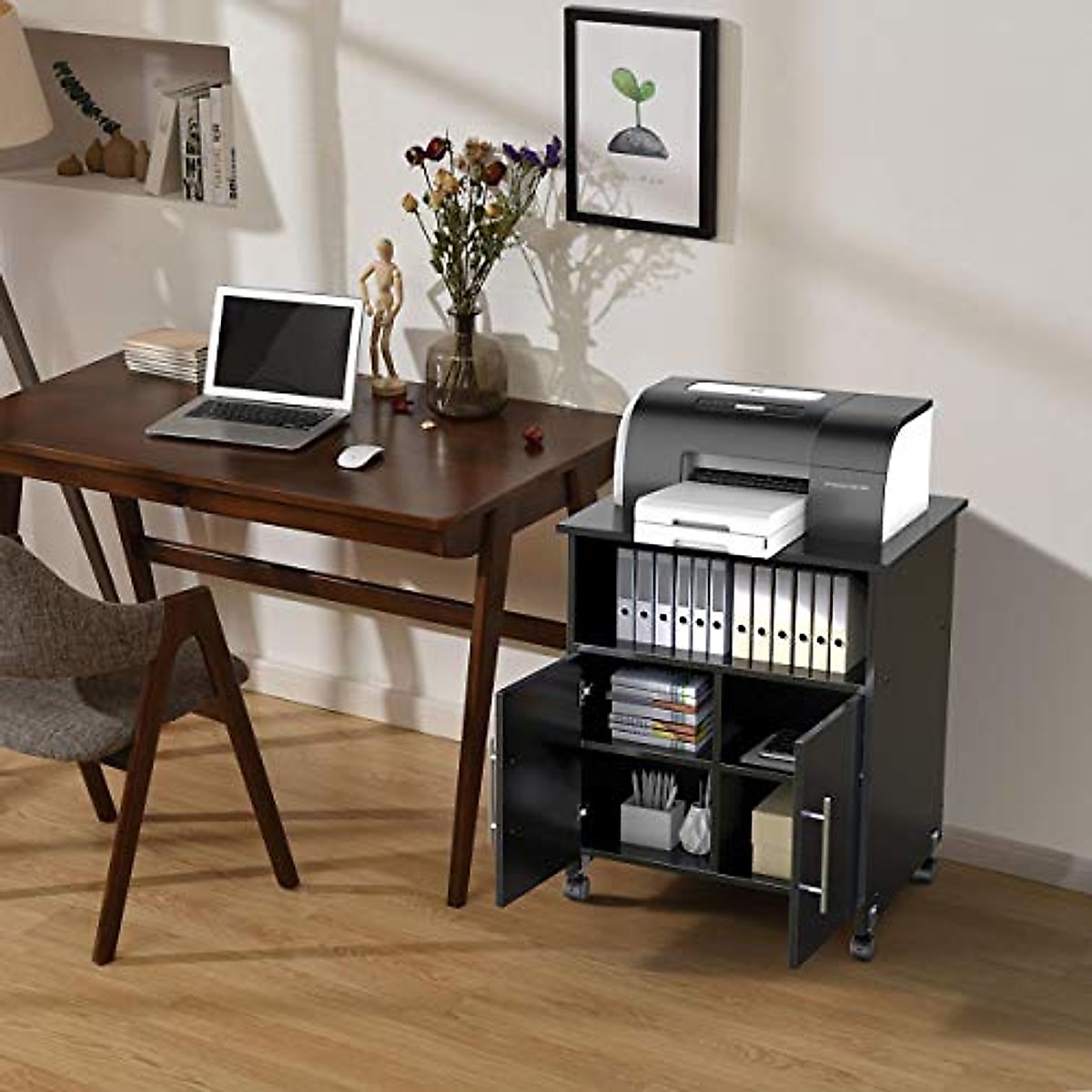 Yaheetech Mobile Printer Stand with Storage and Adjustable Shelf for Home Office Rolling Printer Stand for Desk, Wood Storage Cabinet Work Cart Cupboard Shelf on Wheels, Black