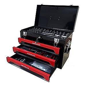 Tool Set and Mechanic Tool Set Box with Handle and 3-Drawer Heavy Duty Metal Box - 339 Piece Tool Kits for Adults Mechanics Workshop Maintenance and Repair Projects - Red