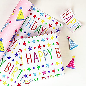 MAYPLUSS Birthday Reversible Wrapping Paper Jumbo Roll for Girls - 30 Inches x 100 Feet - Colorful Hat/Birthday Text