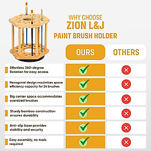 ZION L&J Rotating Paint Brush Organizer Spins 360 Degrees - Holds 24 Brushes - Bamboo Wooden Hexagonal Design Paint Brush Storage with 1 Centre Hole, Paint Brush Holder for Artist Desk, Arts & Crafts