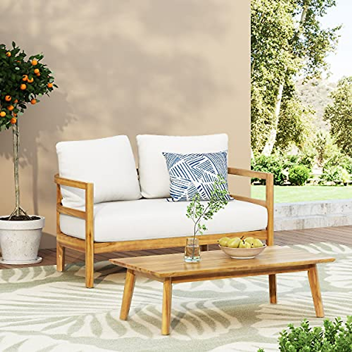 Christopher Knight Home Ellendale Loveseat and Coffee Table Set, White + Teak