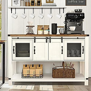 Farmhouse Coffee Bar Cabinet, 47’’ Kitchen Coffee Bar Table, White Coffee Buffet Cabinet with Sliding Barn Door, Entryway Table with Metal Mesh Doors, Bottom Open Storage Shelf, Living Dining Room