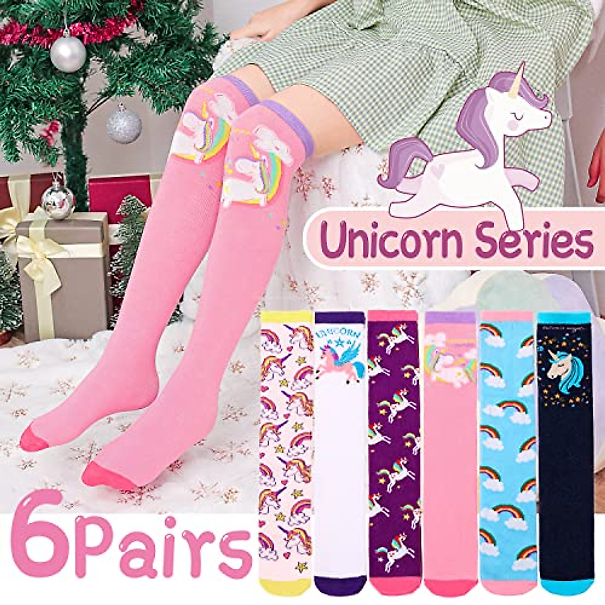 Kids Girls Knee High Socks Unicorn Gift Long Boot Crazy Silly Fun Animal Socks Tall Funny Colorful Stocking Stuffer Child Socks 6 Pairs (Animal Rainbow Unicorn)