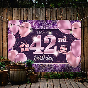 PAKBOOM Happy 42nd Birthday Banner Backdrop - 42 Birthday Party Decorations Supplies for Women - Pink Purple Gold 4 x 6ft