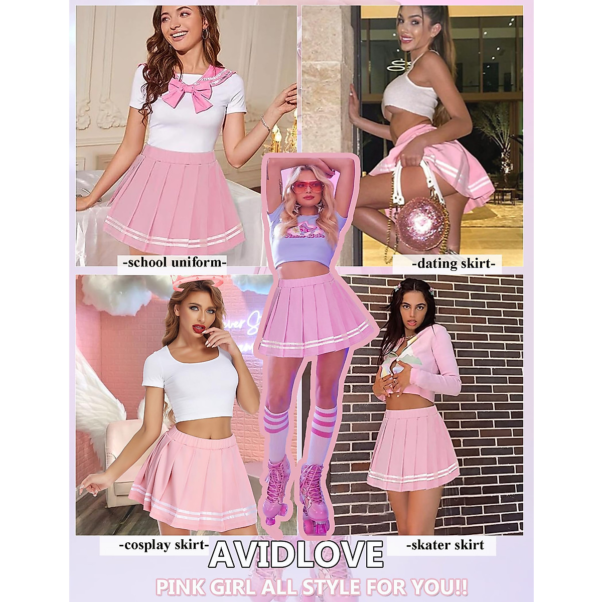 Avidlove Short Pleated Skirt Sexy Mini Skirt Cheer Skirt School Girl Skirts for Women (Pastel Pink， Large)